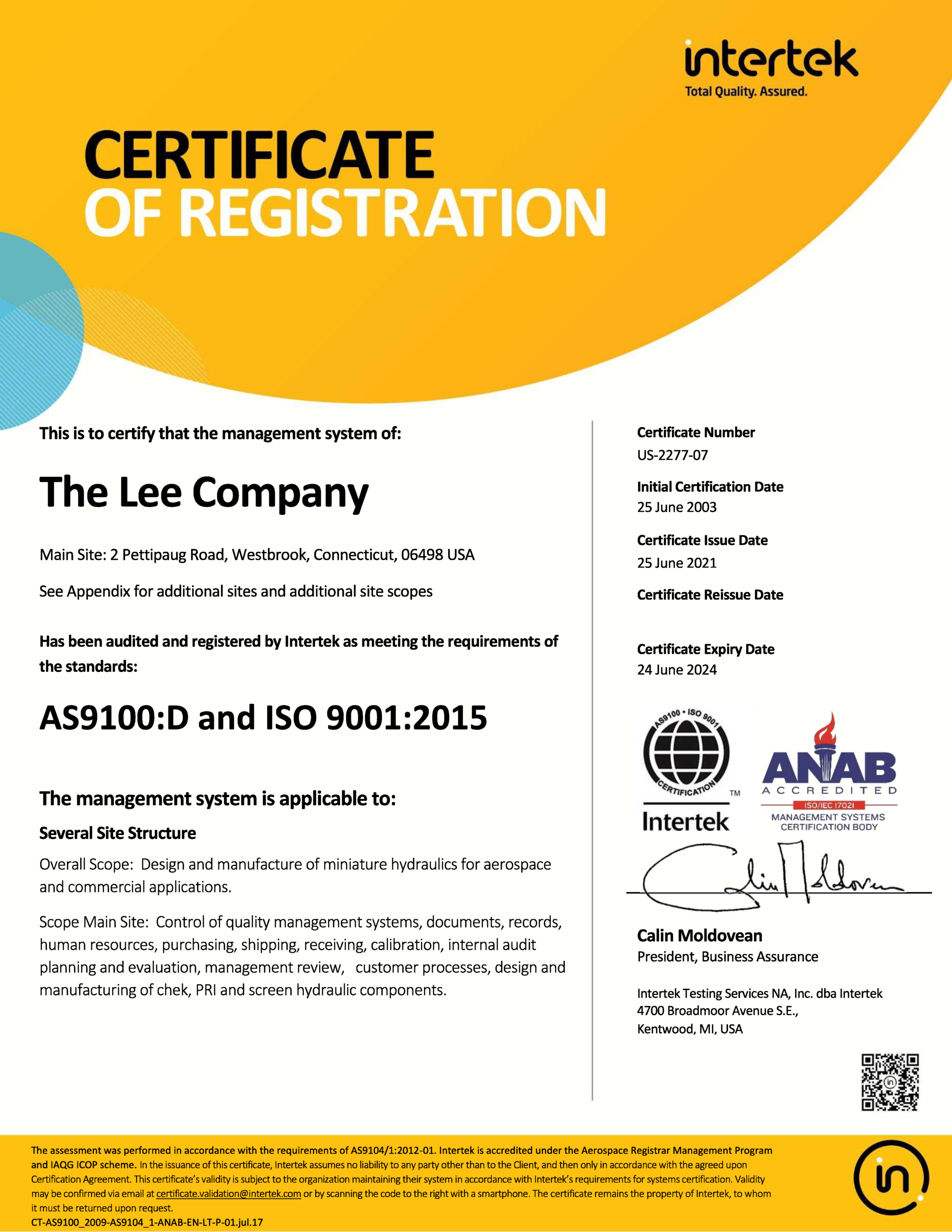 AS9100 Certificate | The Lee Co