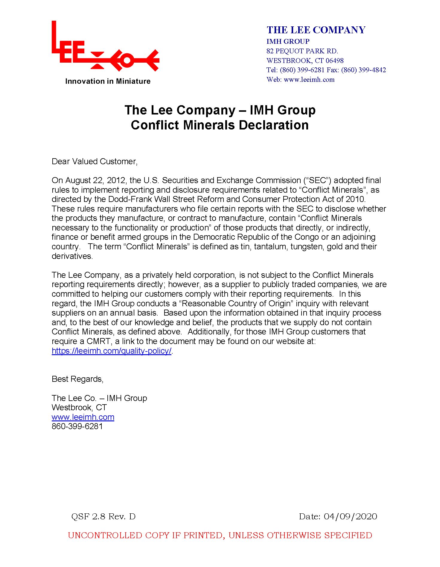 Conflict Minerals | The Lee Co