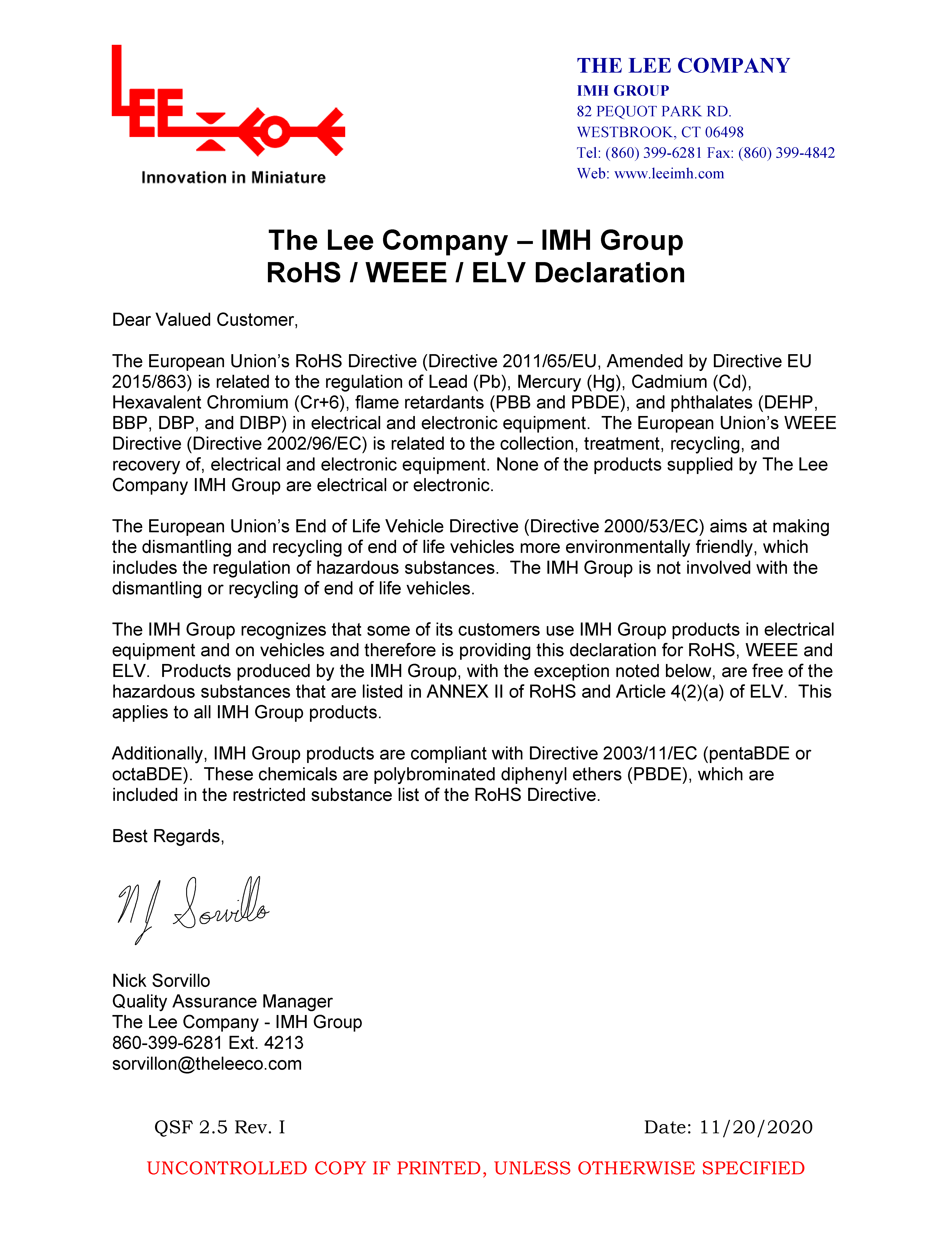 RoHs WEEE and ELV | The Lee Co