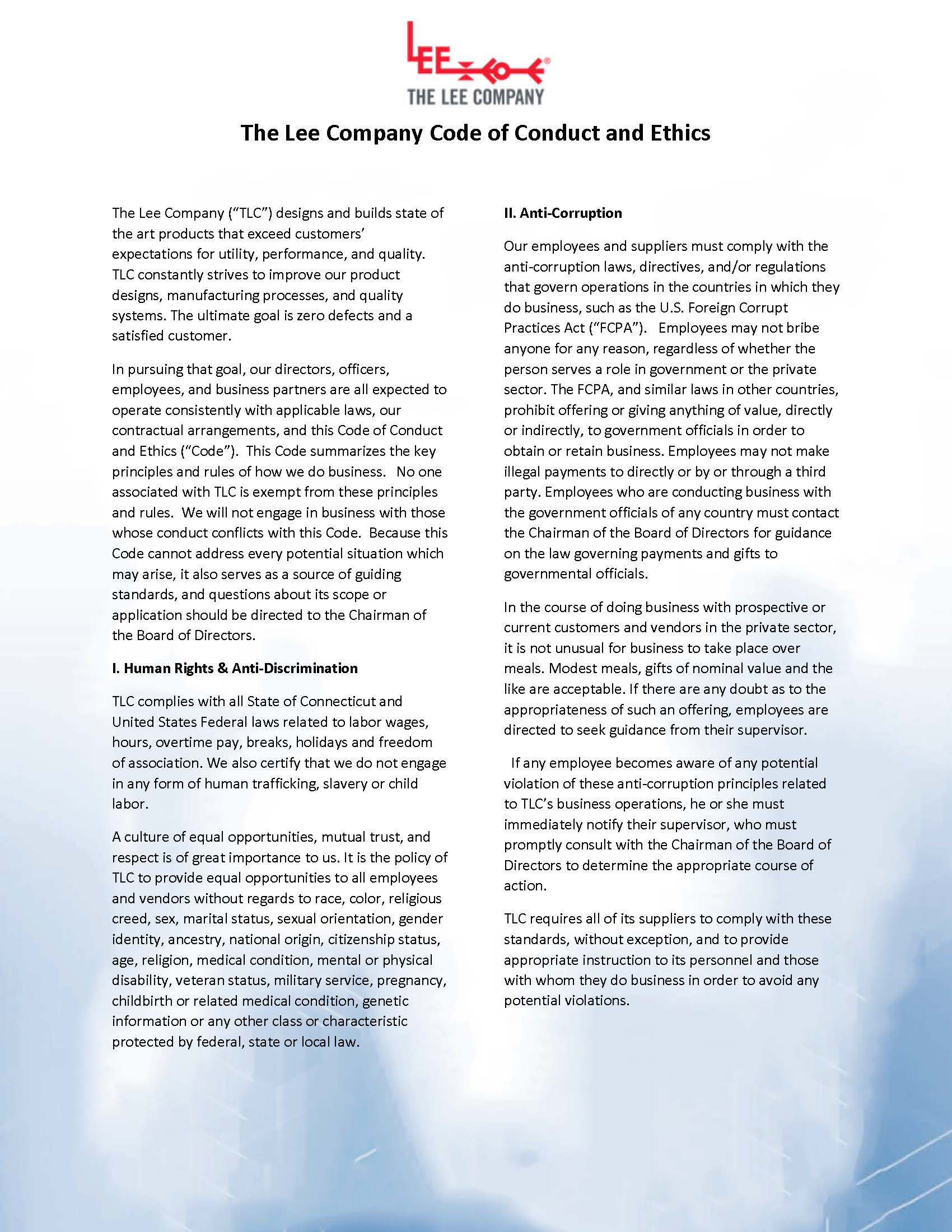 Code of Conduct and Ethics | The Lee Co